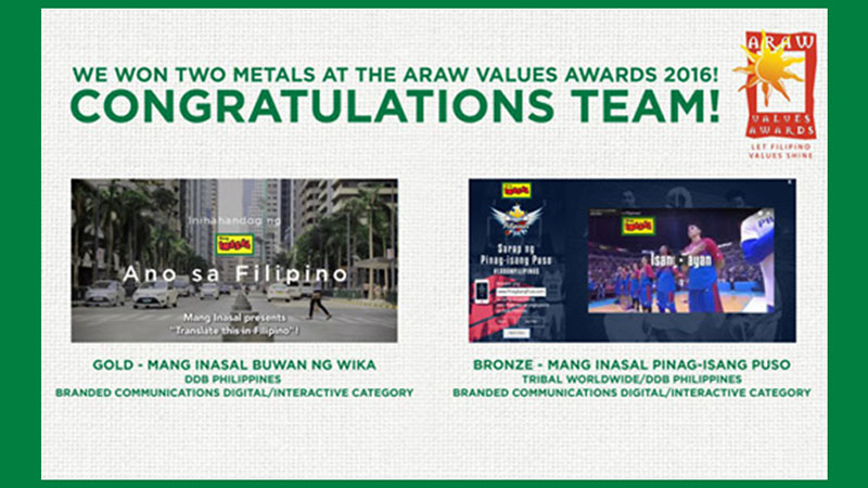 Mang Inasal Wins Gold & Bronze at ARAW Awards 2016